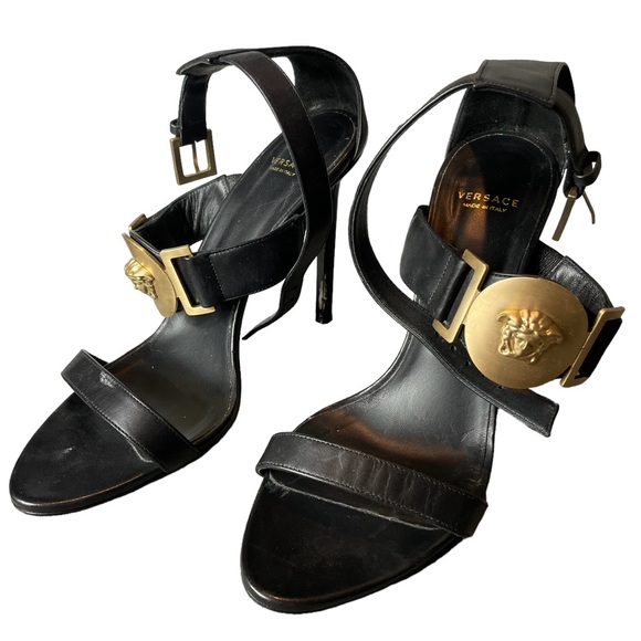 Versace | Shoes | Versace Gold Medallion Black Heels Sandal | Poshmark